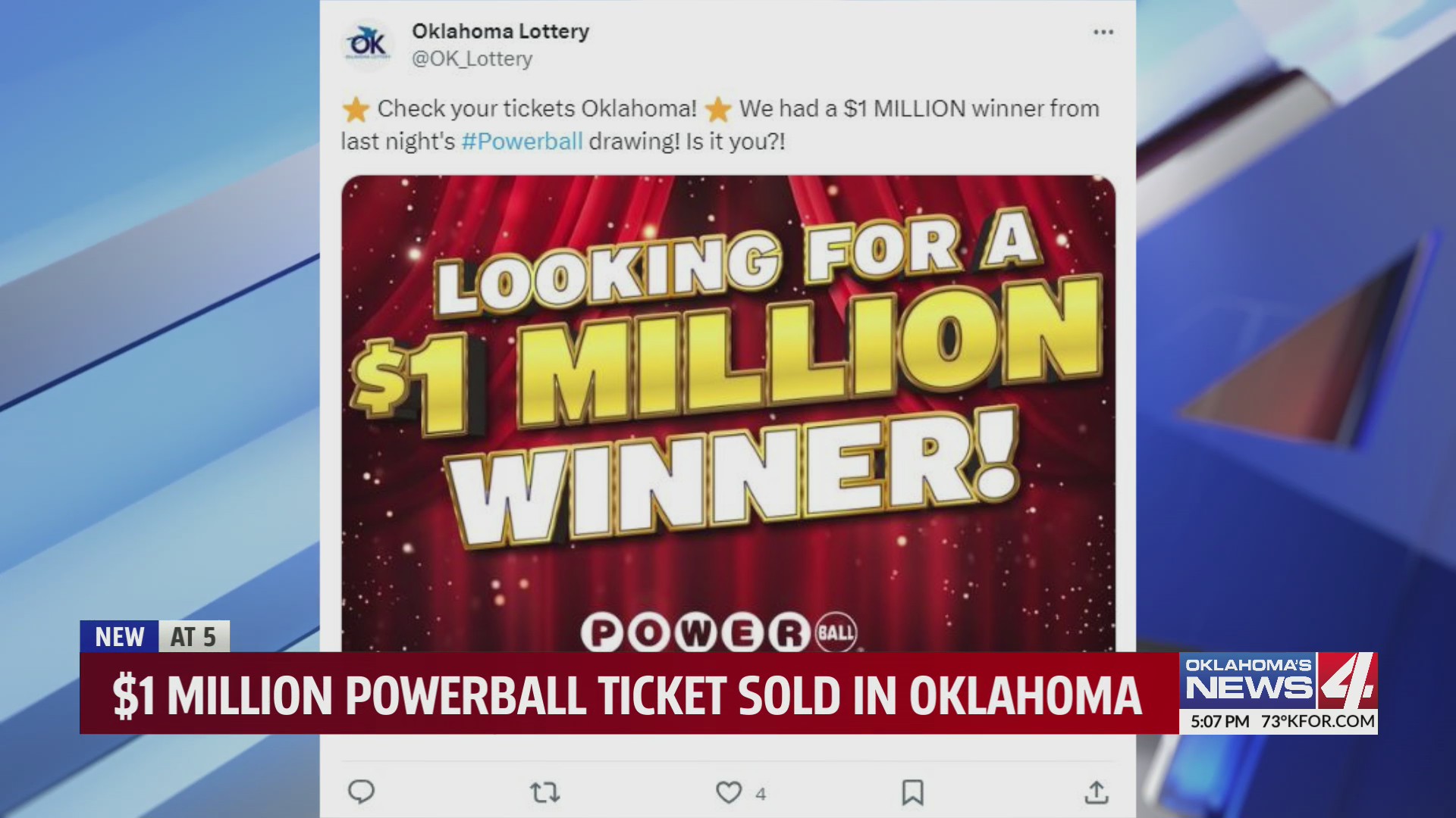 $1 million Powerball ticket sold in Oklahoma – KFOR.com Oklahoma City