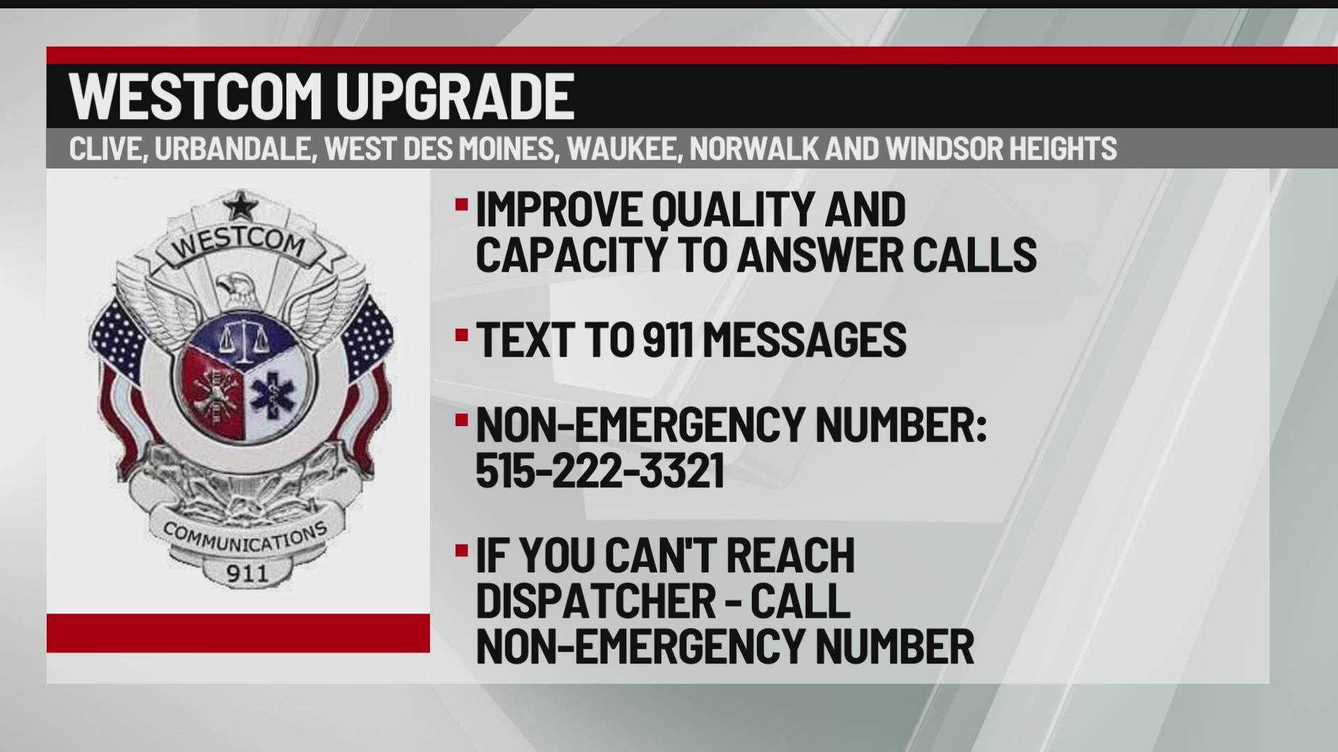 Westcom announces upgrades to emergency service for suburbs – who13.com