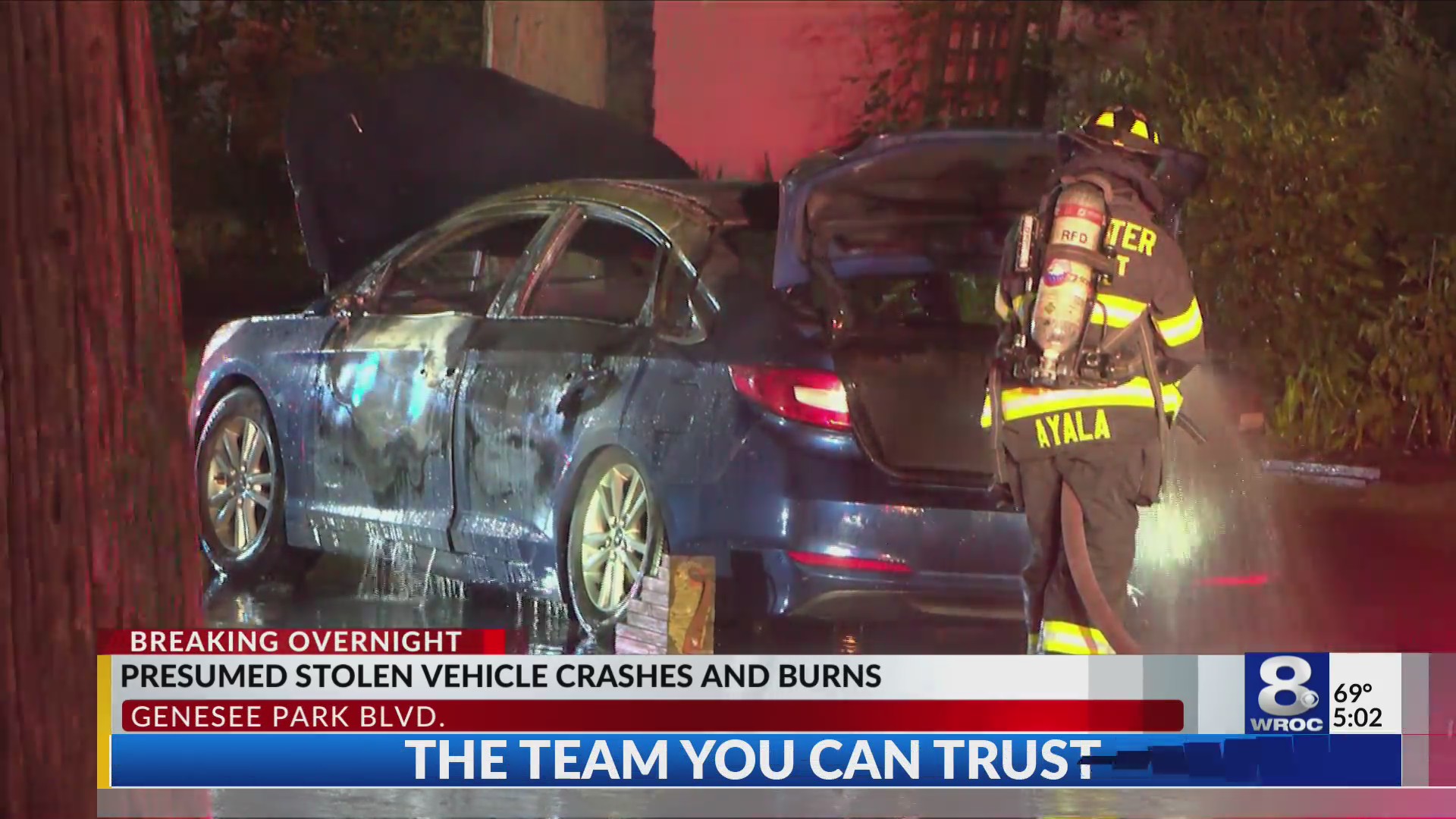 Car fully engulfed in flames after crash, believed to be stolen ...
