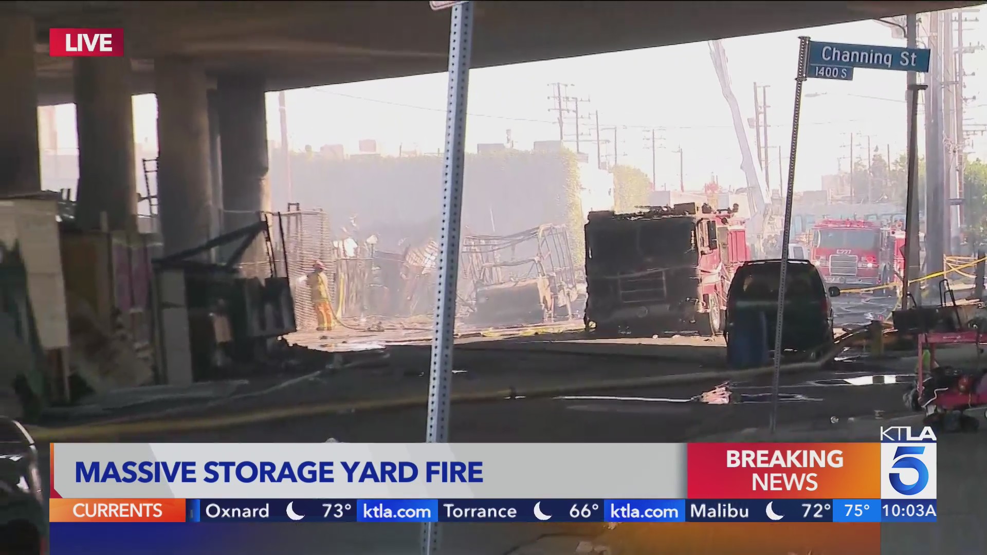 10 Freeway shut down in downtown L.A. due to massive storage yard fire ...