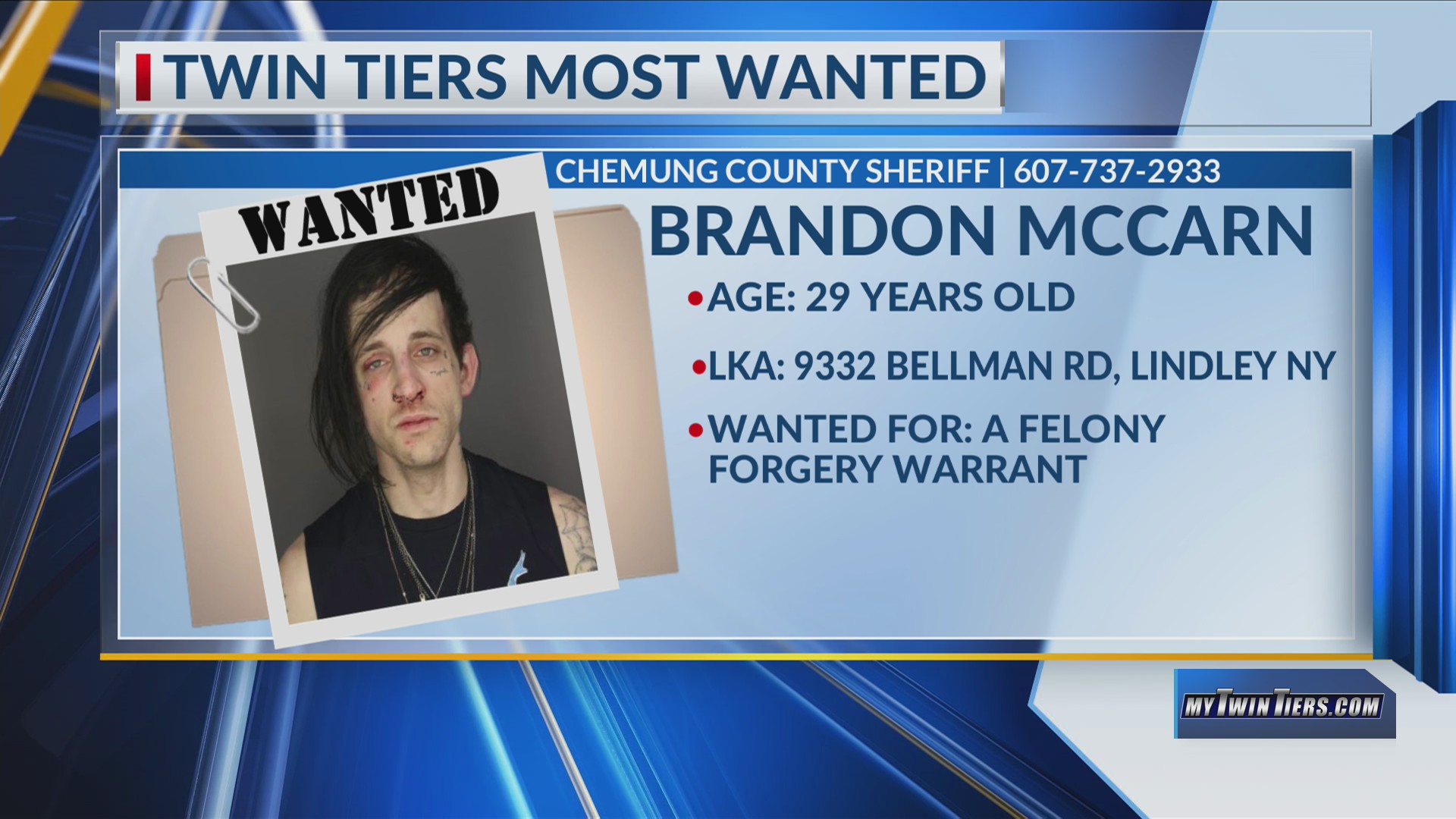 Twin Tiers Most Wanted: Brandon McCarn – WETM – MyTwinTiers.com