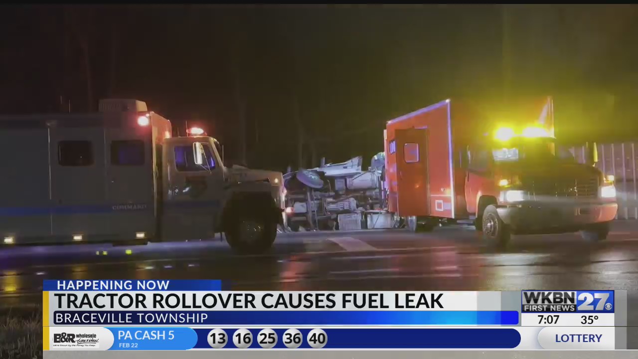 Tractor trailer rollover causes fuel leak in Trumbull County – WKBN.com