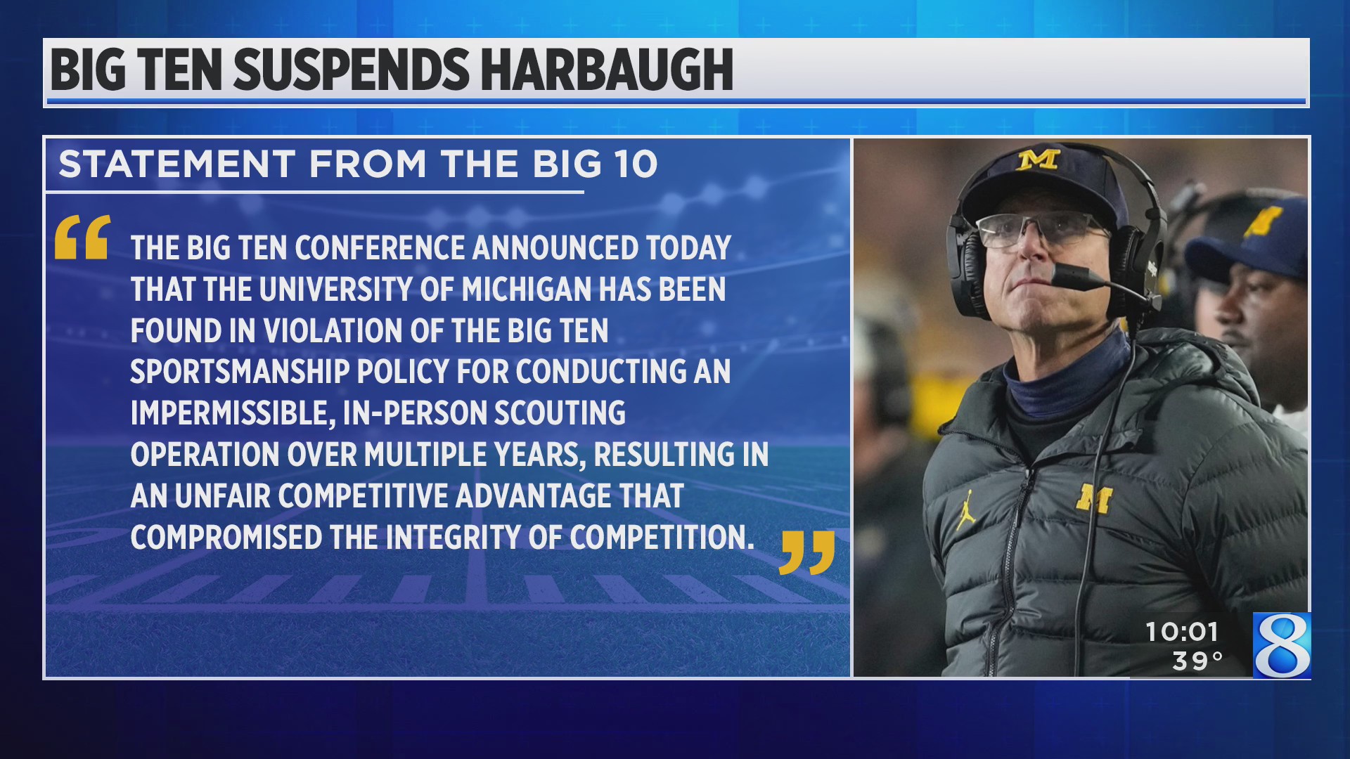 Harbaugh banned from final three games over sign-stealing allegations ...