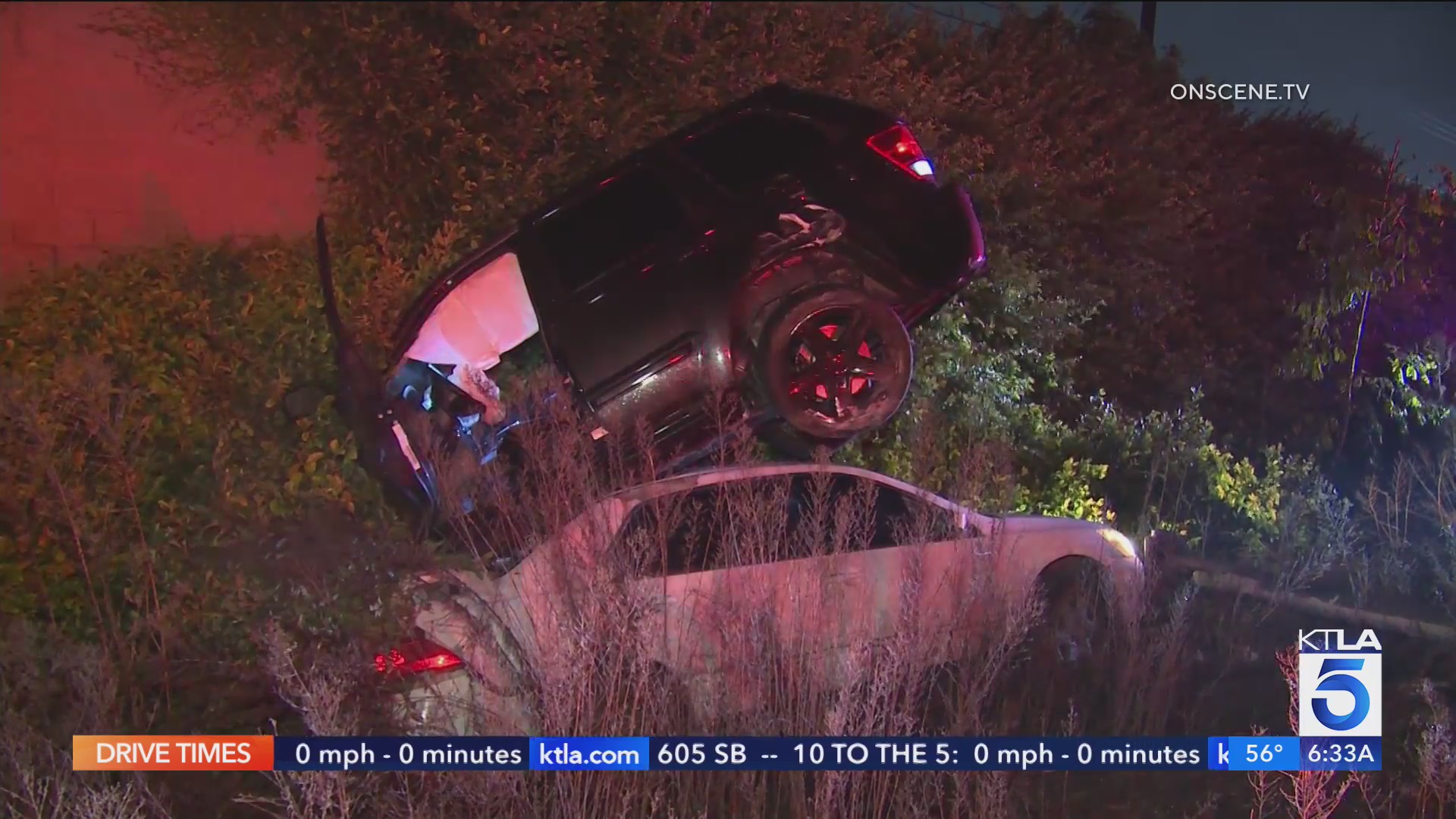 SUV ends up on top of sedan after wild crash on 91 Freeway – KTLA