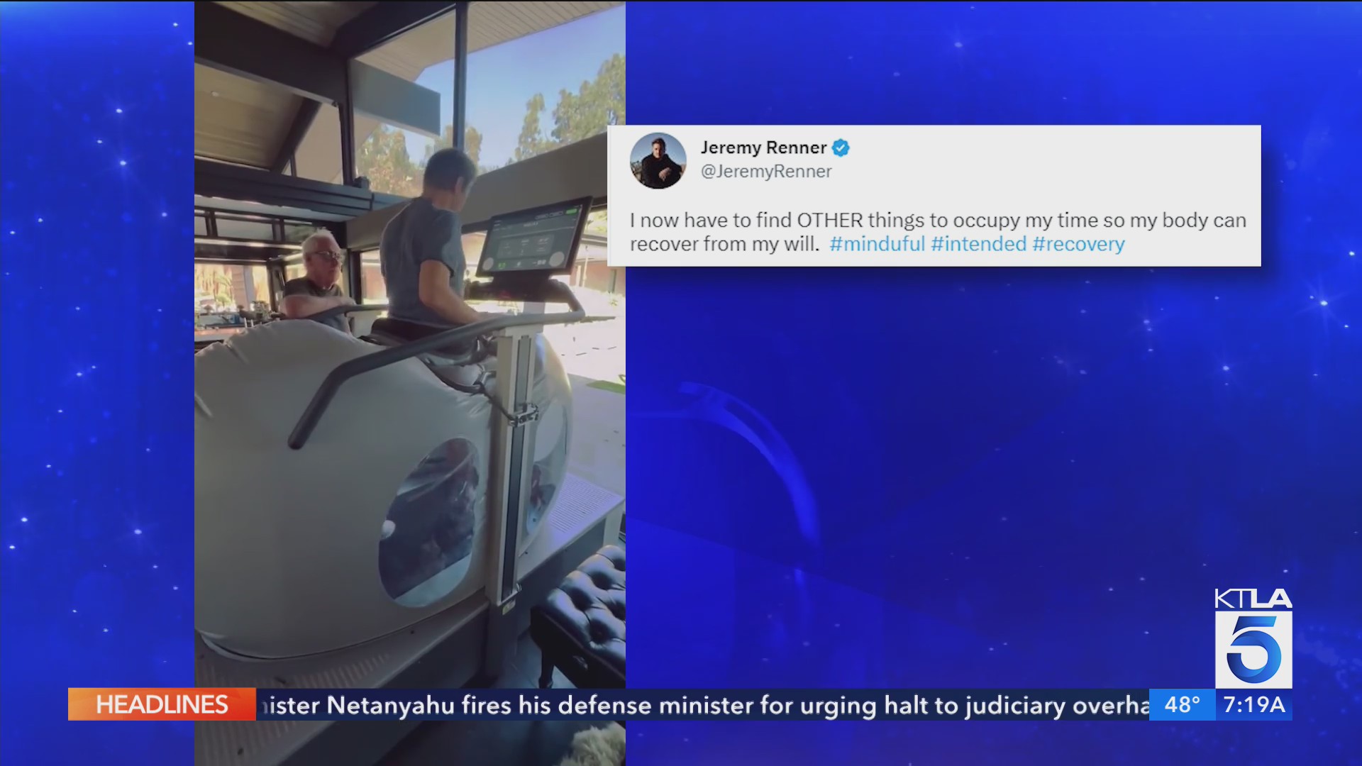 Jeremy Renner walks on treadmill 3 months after snowplow accident – KTLA