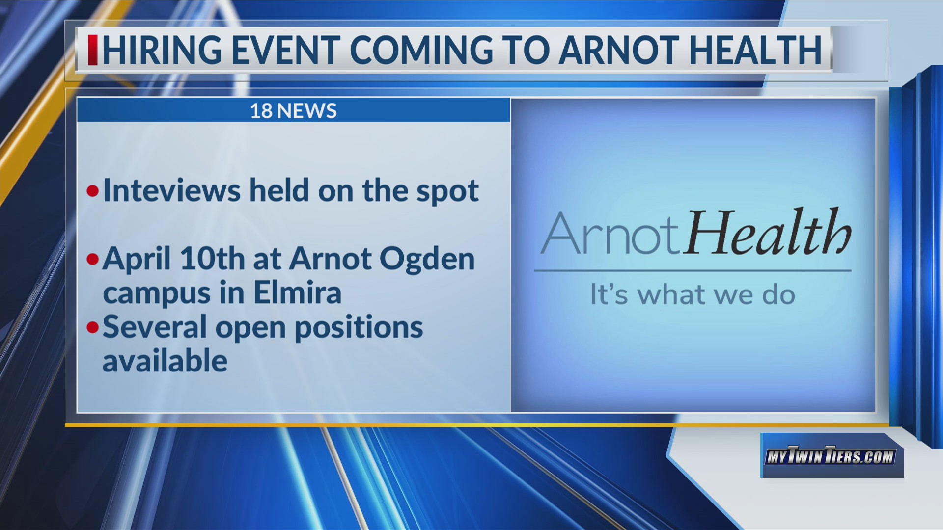 Arnot Health to host hiring event in April – WETM – MyTwinTiers.com