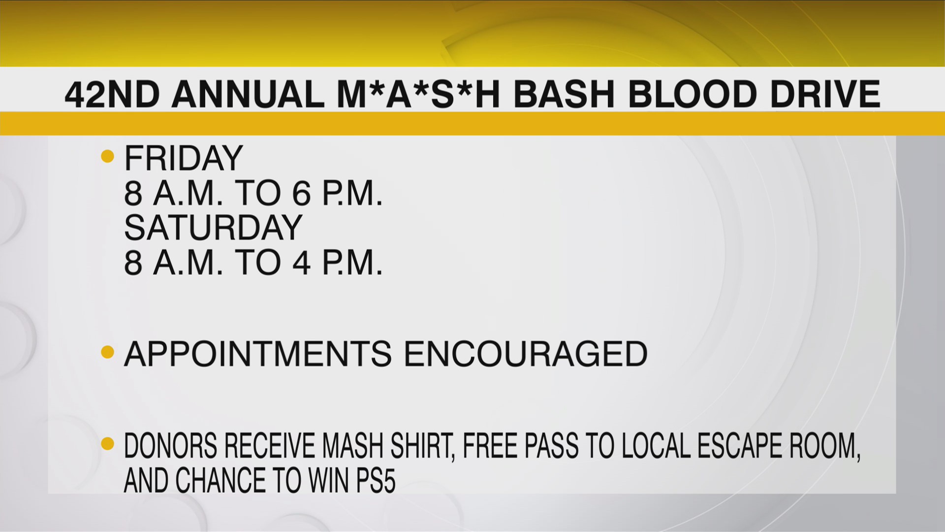 Book Appointment Now for 42nd Annual M*A*S*H BASH Blood Drive – KAMR ...
