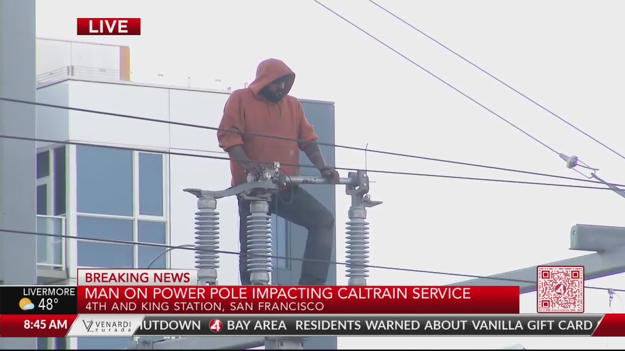 Man on power pole impacting Caltrain service at 4th & King in SF – KRON4