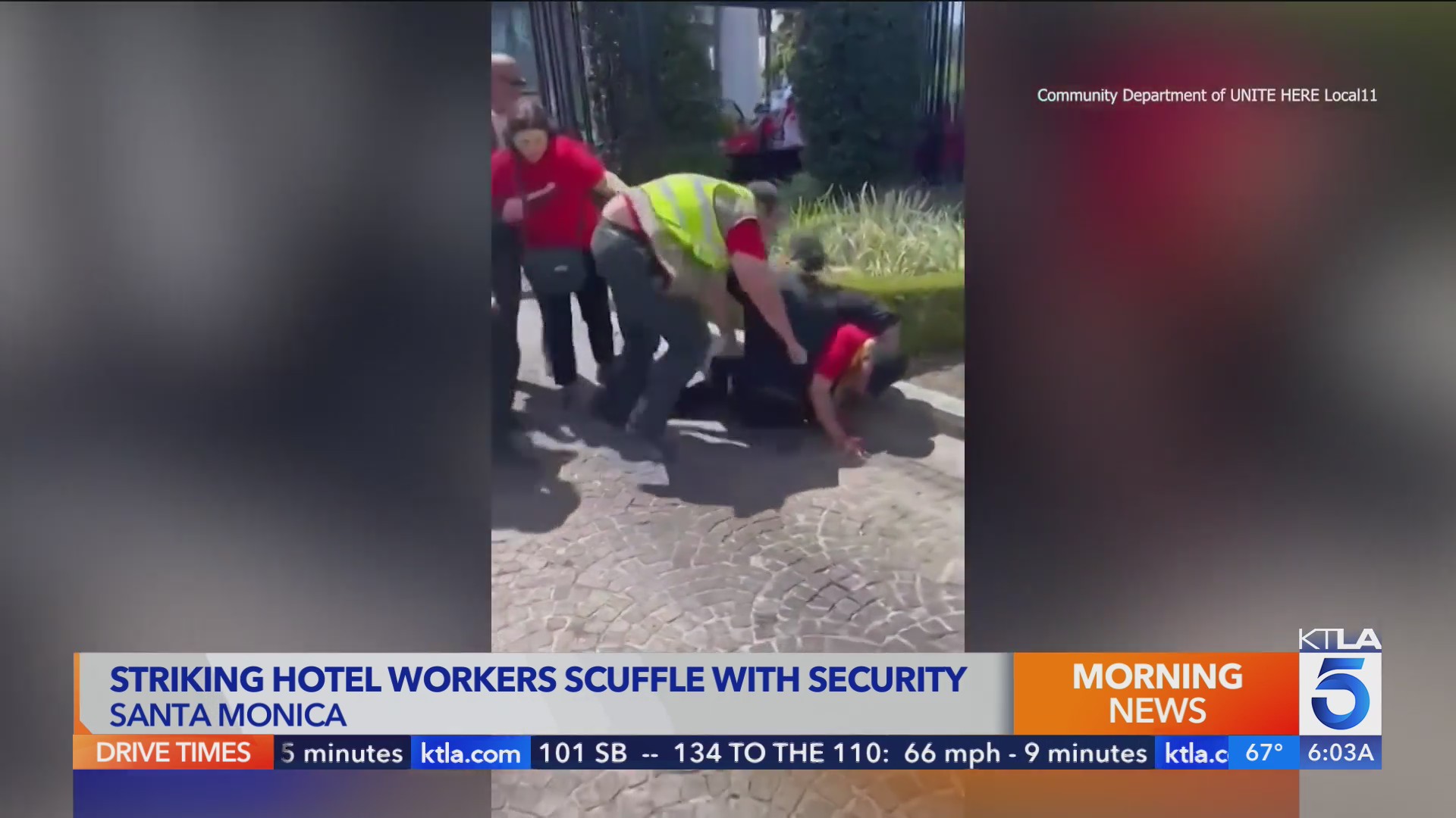 Fight breaks out between striking hotel workers, security guards – KTLA