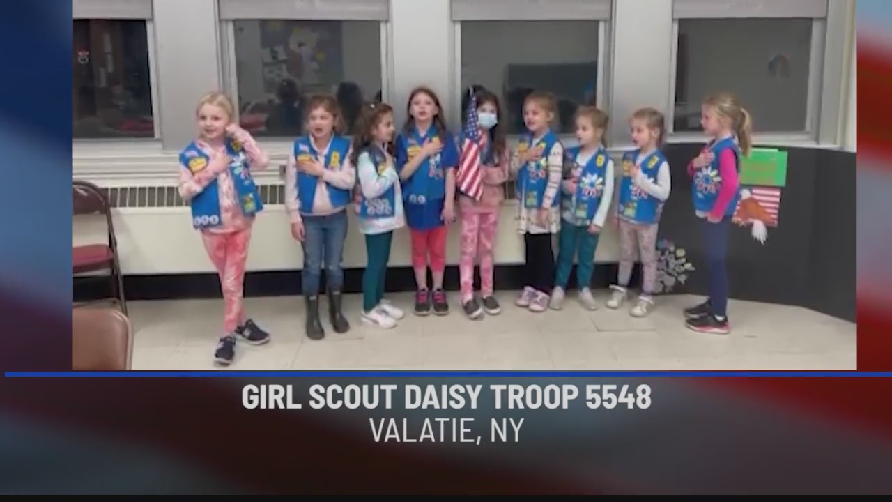 Girl scout daisy troop 5548 gives us our daily Pledge of Allegiance ...