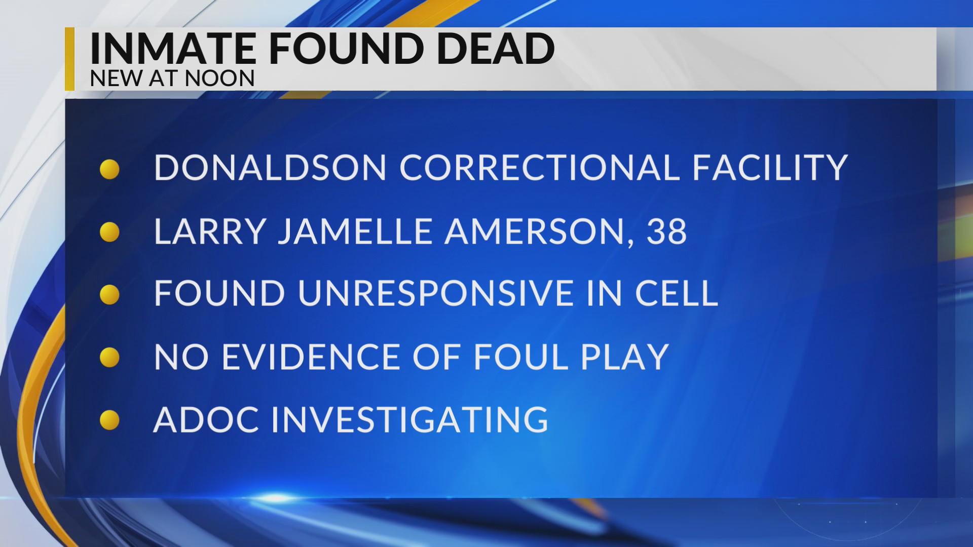 Inmate found dead at Donaldson Correctional Facility – CBS 42