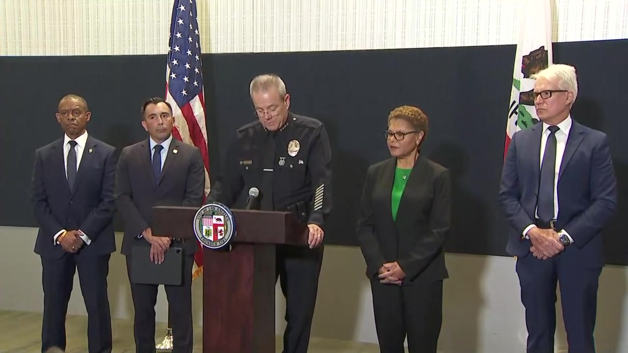 LAPD Chief Michel Moore, Mayor Karen Bass, D.A. George Gascón announce ...