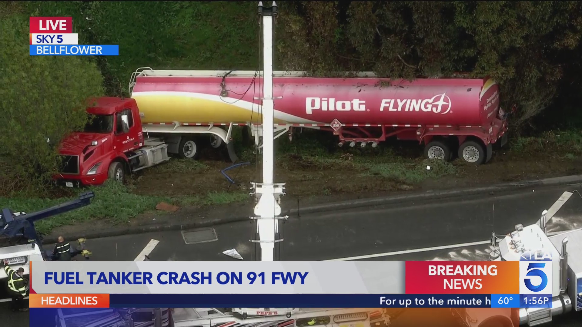 Fuel truck crashes off of 91 Freeway in Bellflower – KTLA