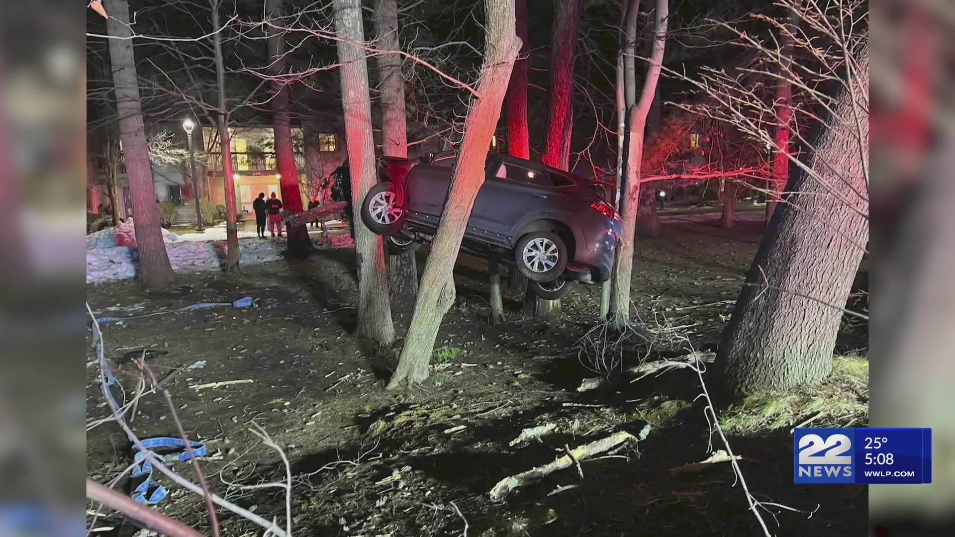 How did a car get lodged between trees 10 feet in the air in Longmeadow ...