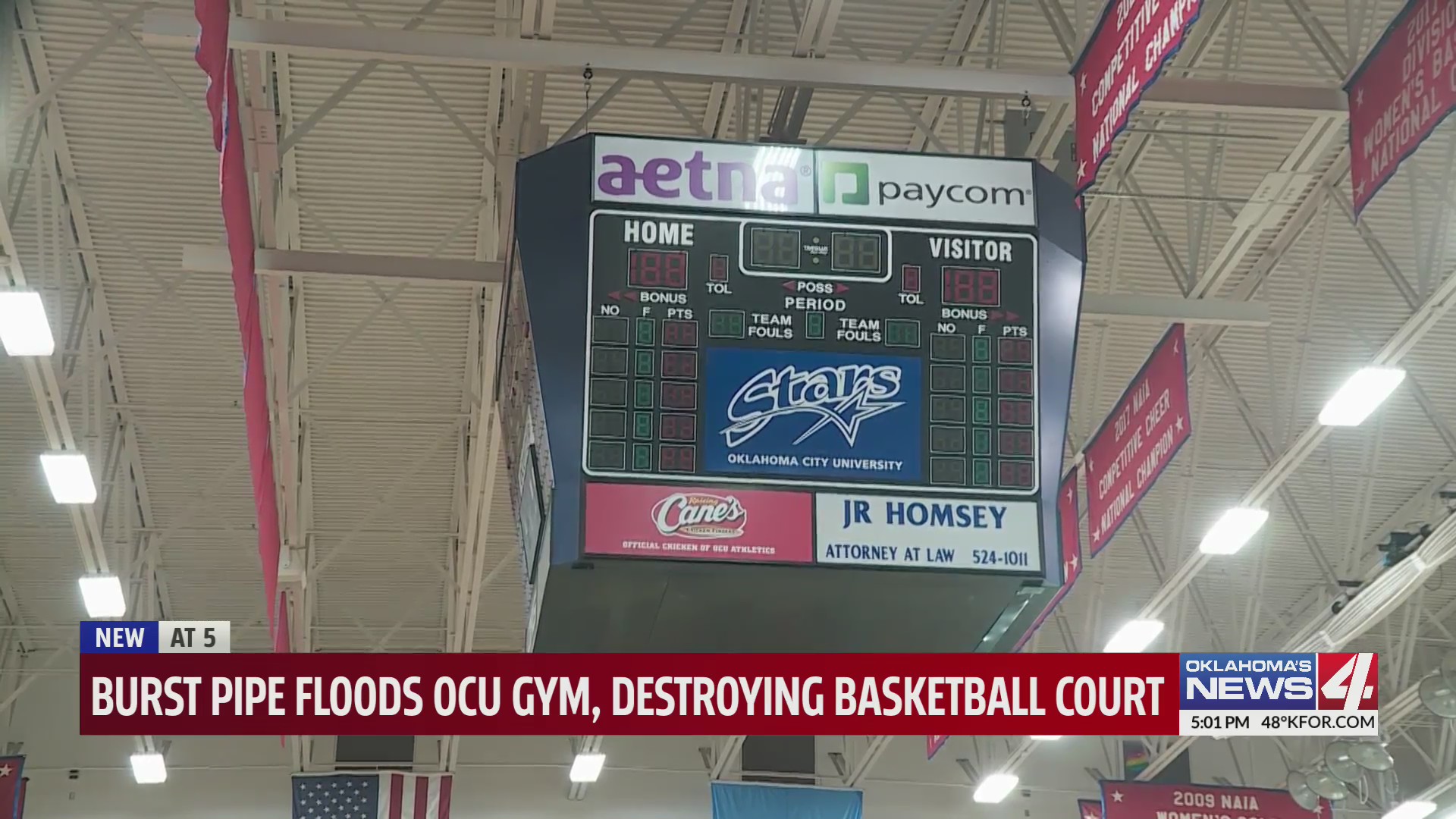 Burst pipe floods OCU gym, destroying basketball court – KFOR.com ...
