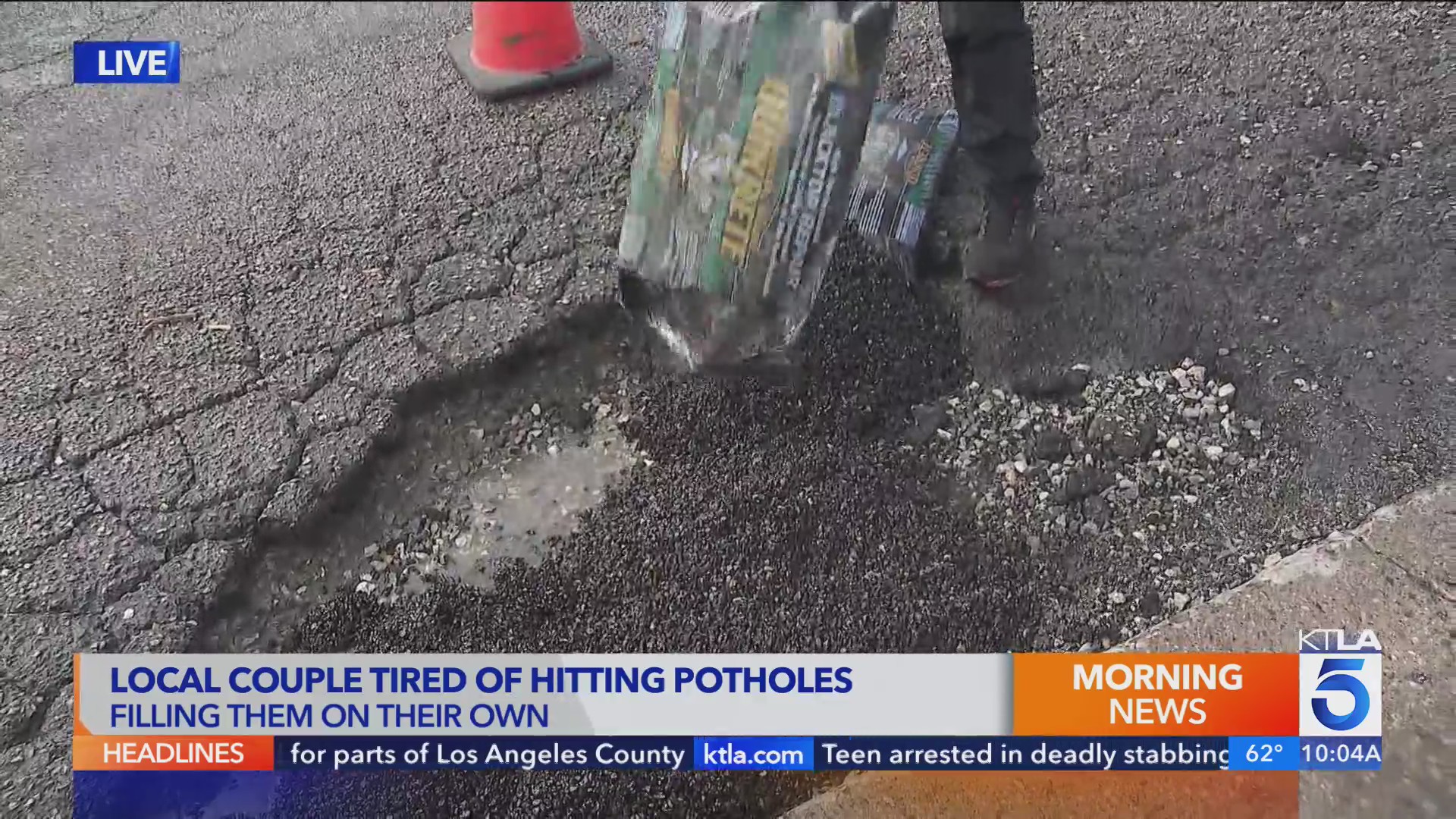 Couple tired of hitting potholes in Compton is now filling them on ...