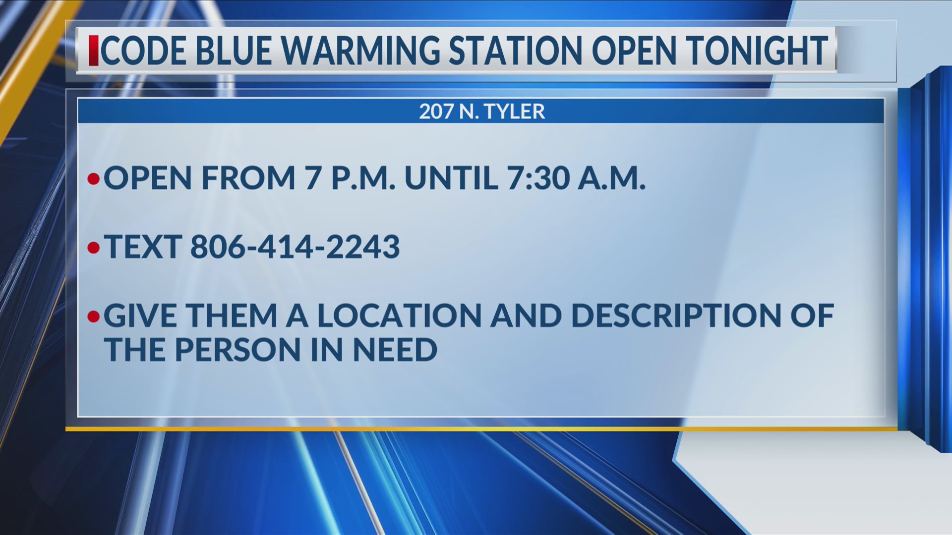 Code Blue Warming Station active Wednesday – KAMR – MyHighPlains.com