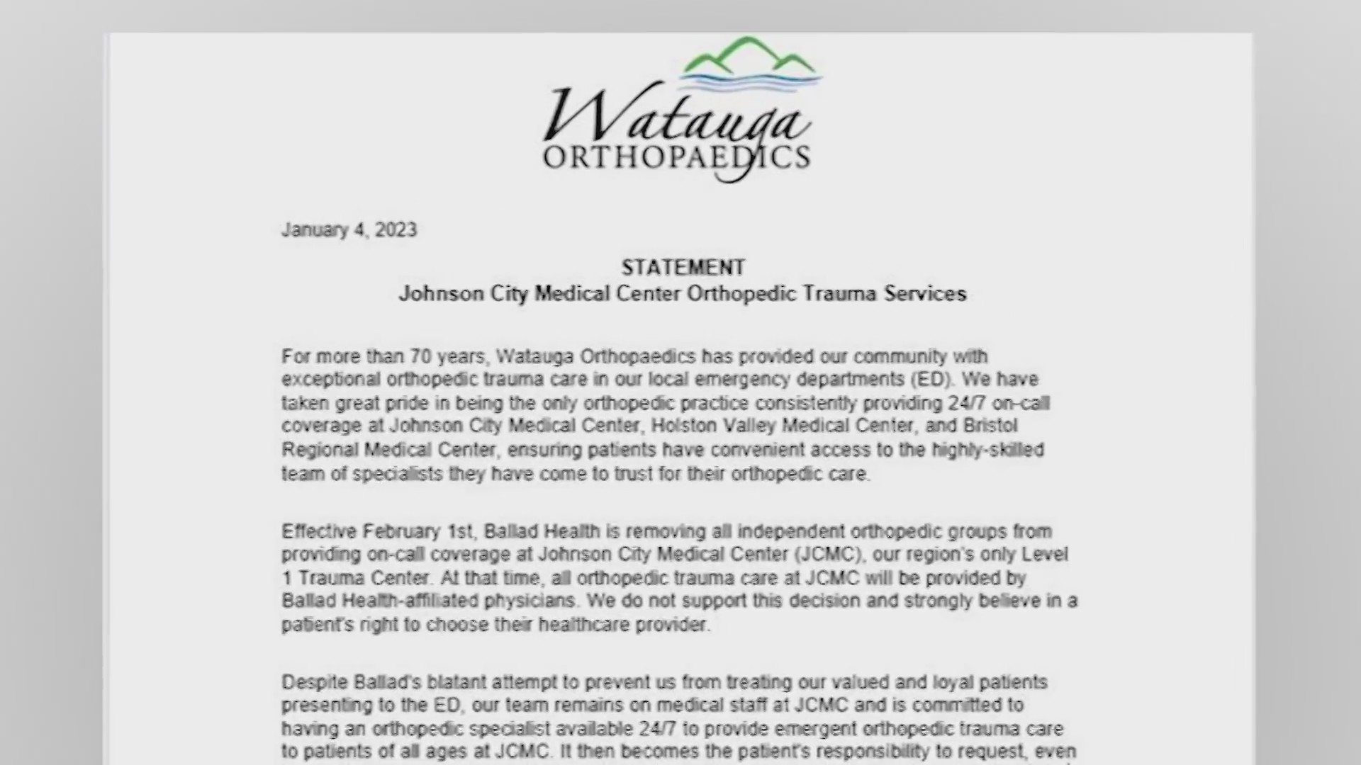 Watauga Orthopaedics, Ballad Health at odds over trauma care – WJHL ...