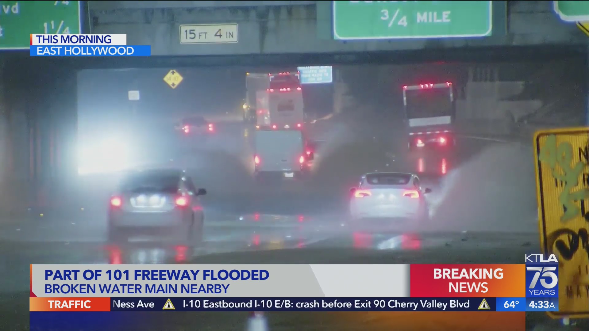 Broken water main floods 101 Freeway, prompts closure through Hollywood ...