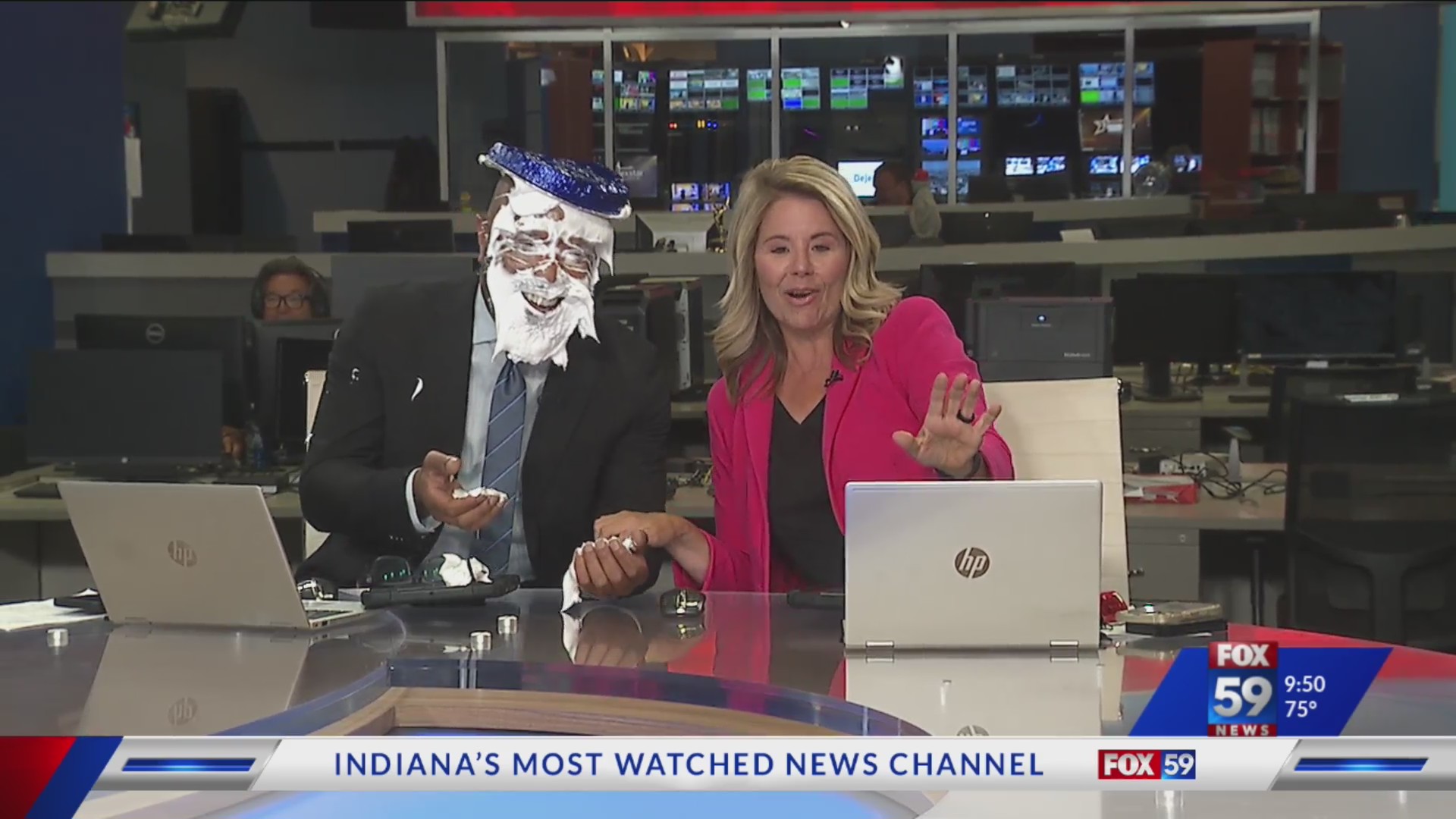 FOX59 Anchor Daniel Miller gets pied in the face from Blue – Fox 59