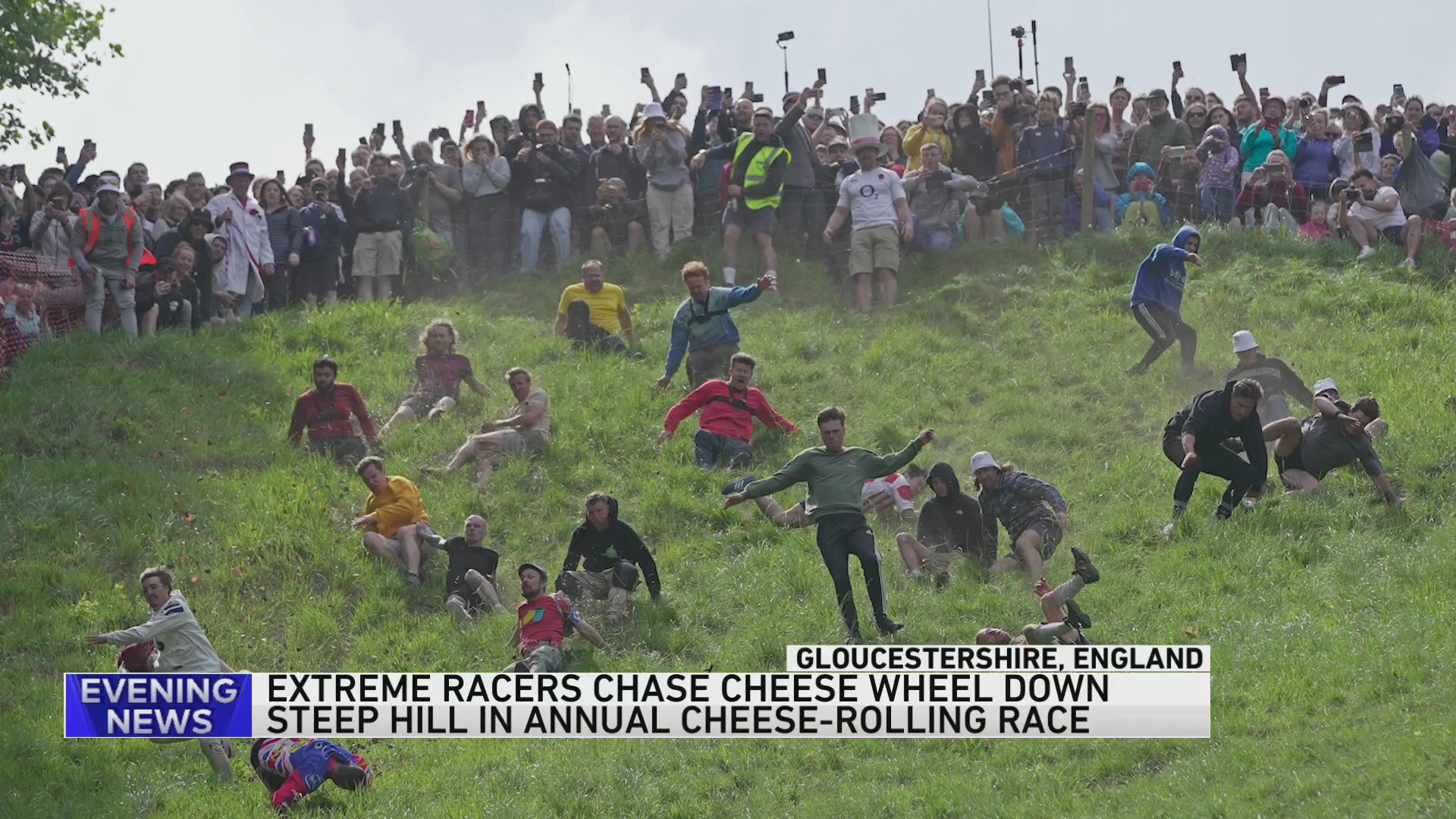 Rolling thunder: Contestants chase cheese wheel down a hill in chaotic ...