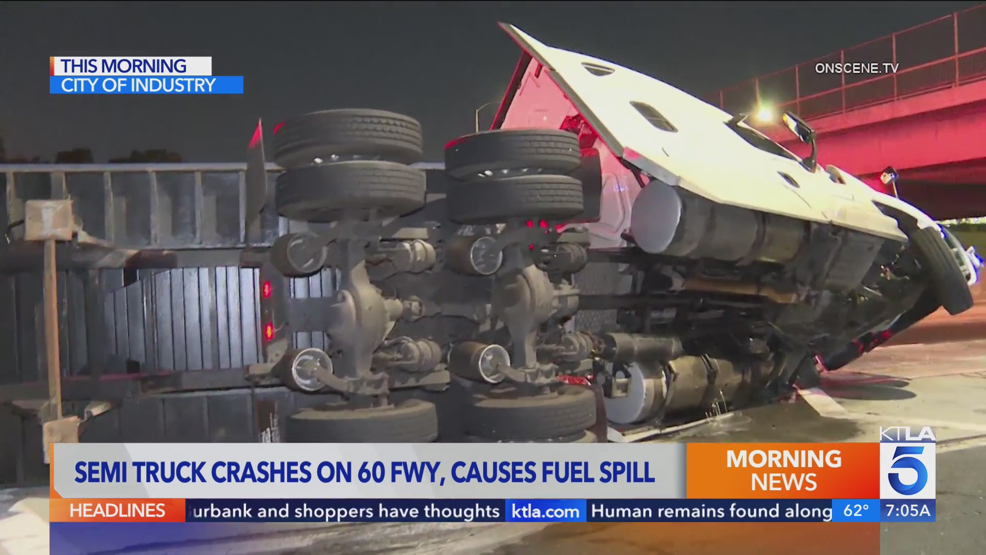 Semi-truck crash causes fuel spill on 60 Freeway – KTLA