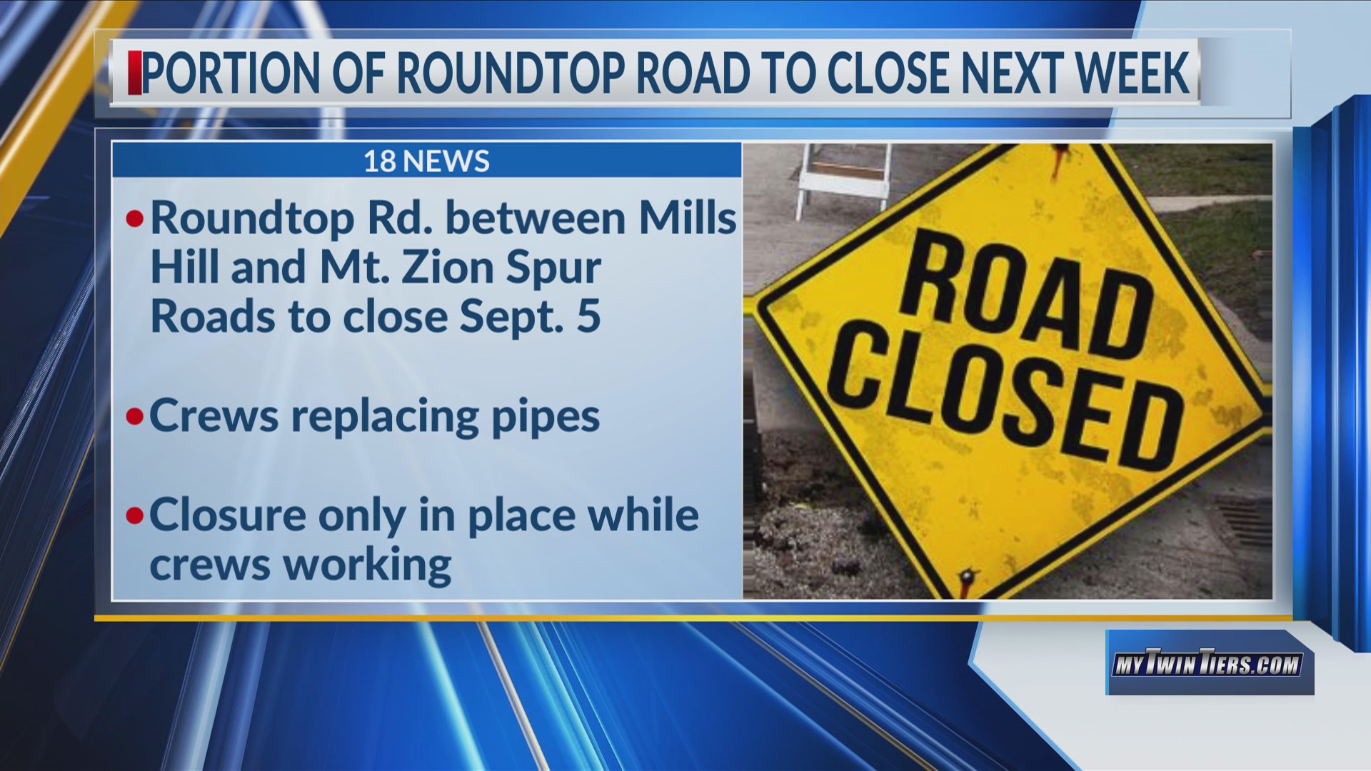 Portion of Roundtop Road to close next week – WETM – MyTwinTiers.com