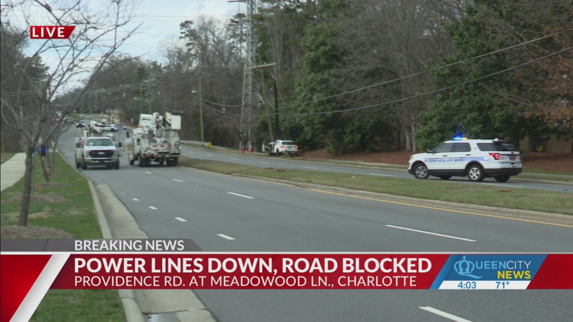 Providence Road in SE Charlotte blocked from down power line – Queen ...