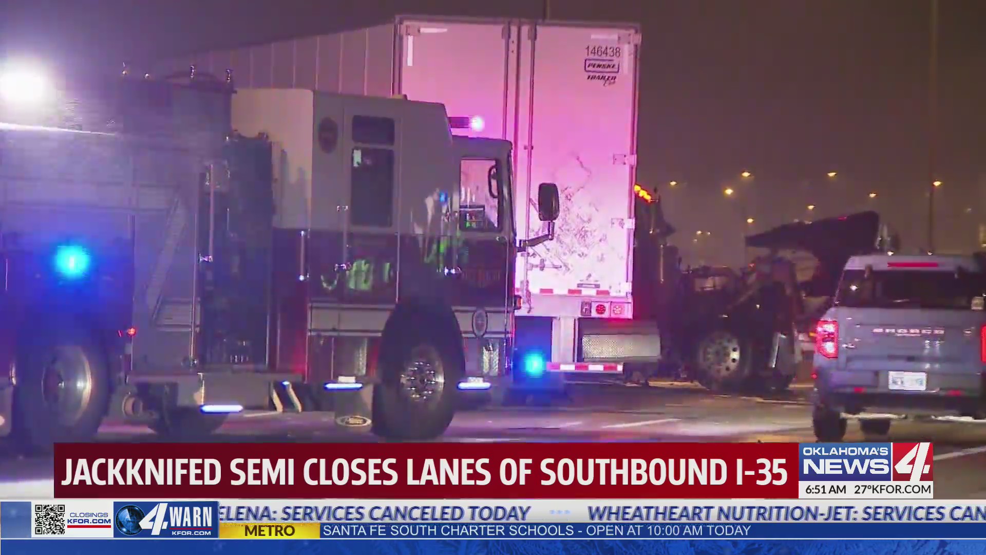 Jackknifed semi closes southbound lanes on I-35 – KFOR.com Oklahoma City